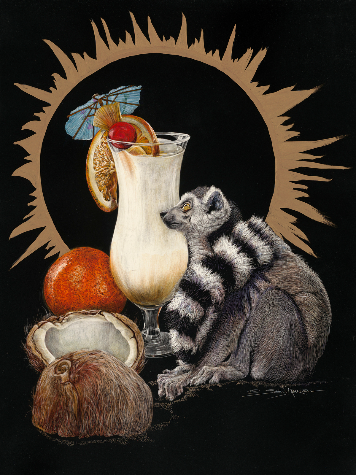 Pina Colada Monkey - Sally Maxwell, master scratchboard artist