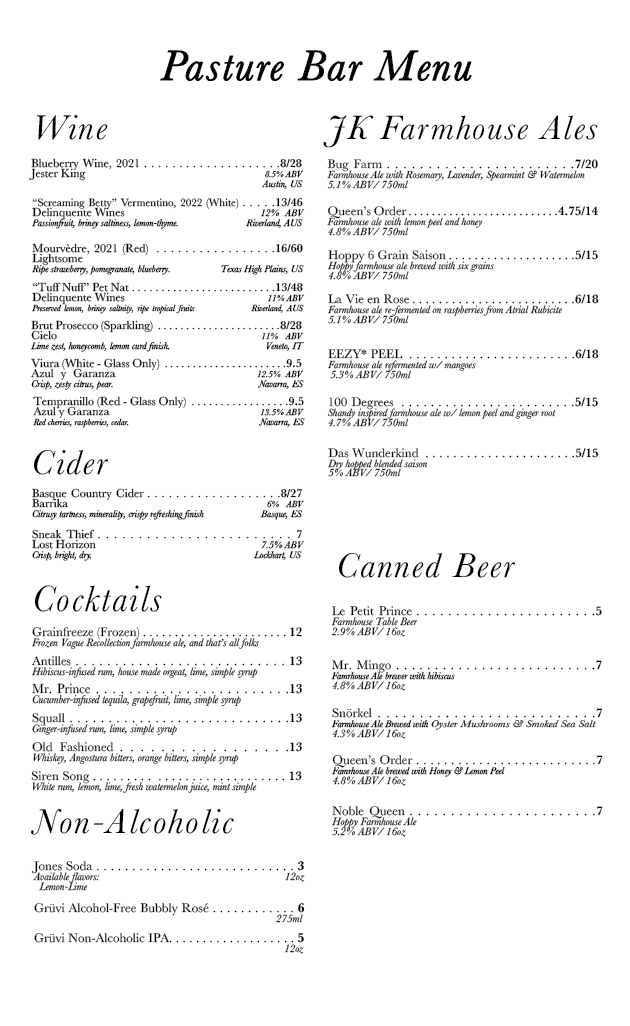 Jester King Brewery Tasting Room & Kitchen Menus